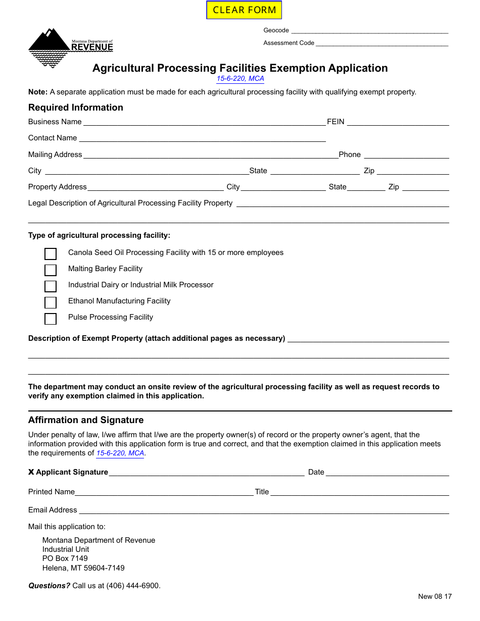 Montana Agricultural Processing Facilities Exemption Application Form ...