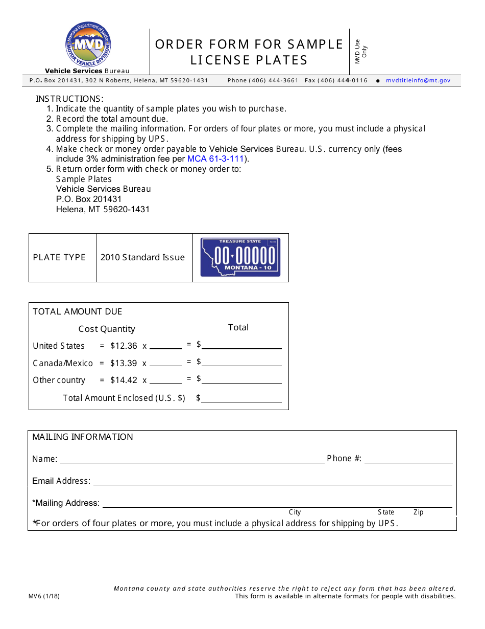 Form MV6 - Fill Out, Sign Online and Download Fillable PDF, Montana ...