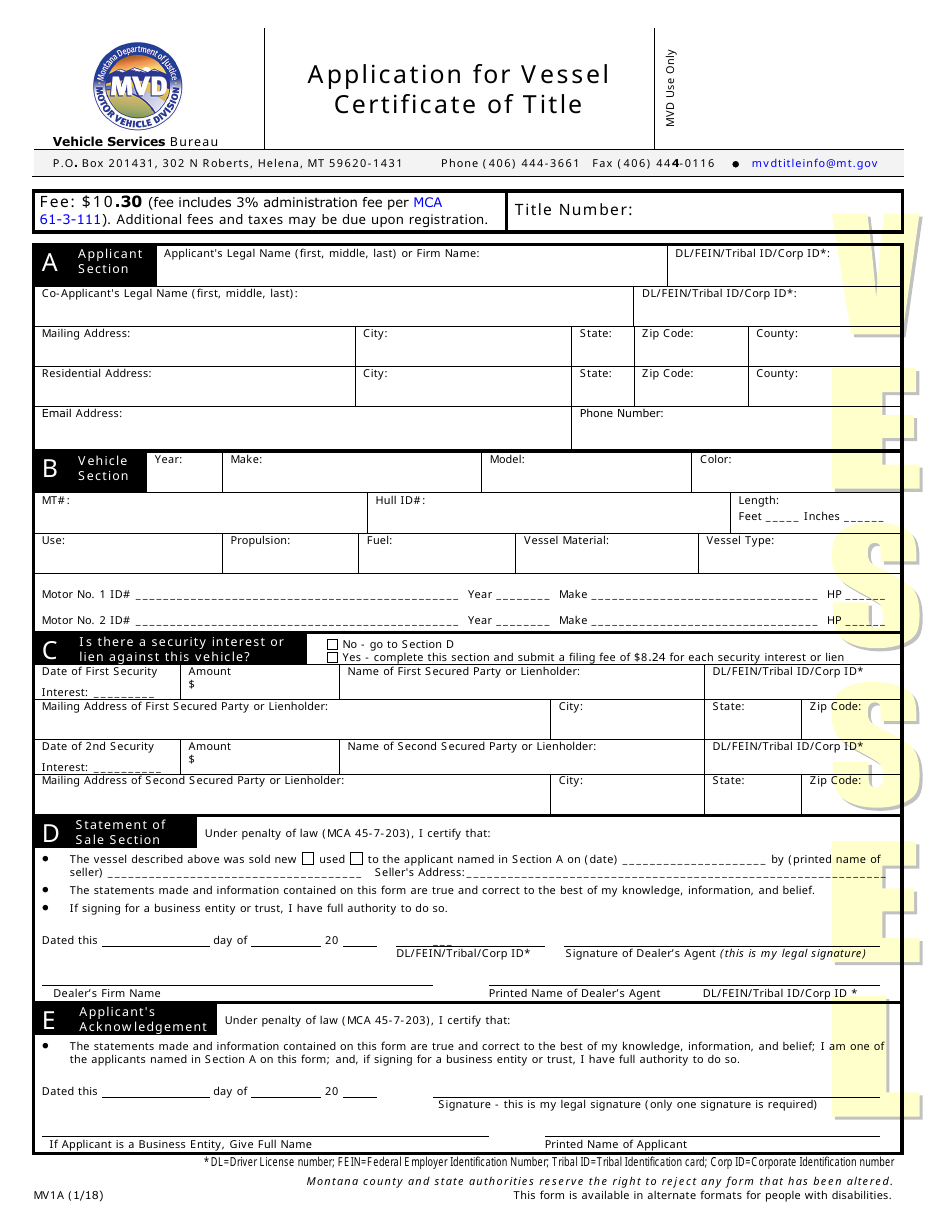 Form MV1A - Fill Out, Sign Online and Download Fillable PDF, Montana ...