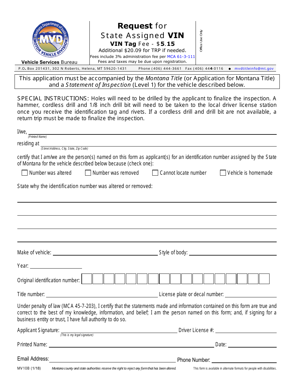 Form MV10B - Fill Out, Sign Online and Download Fillable PDF, Montana ...