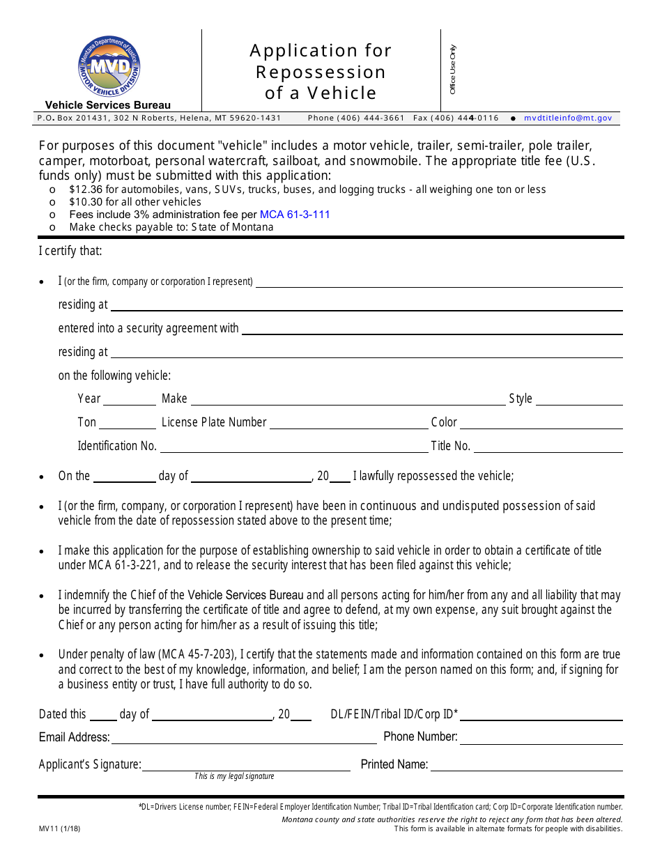 Form MV11 - Fill Out, Sign Online and Download Fillable PDF, Montana ...
