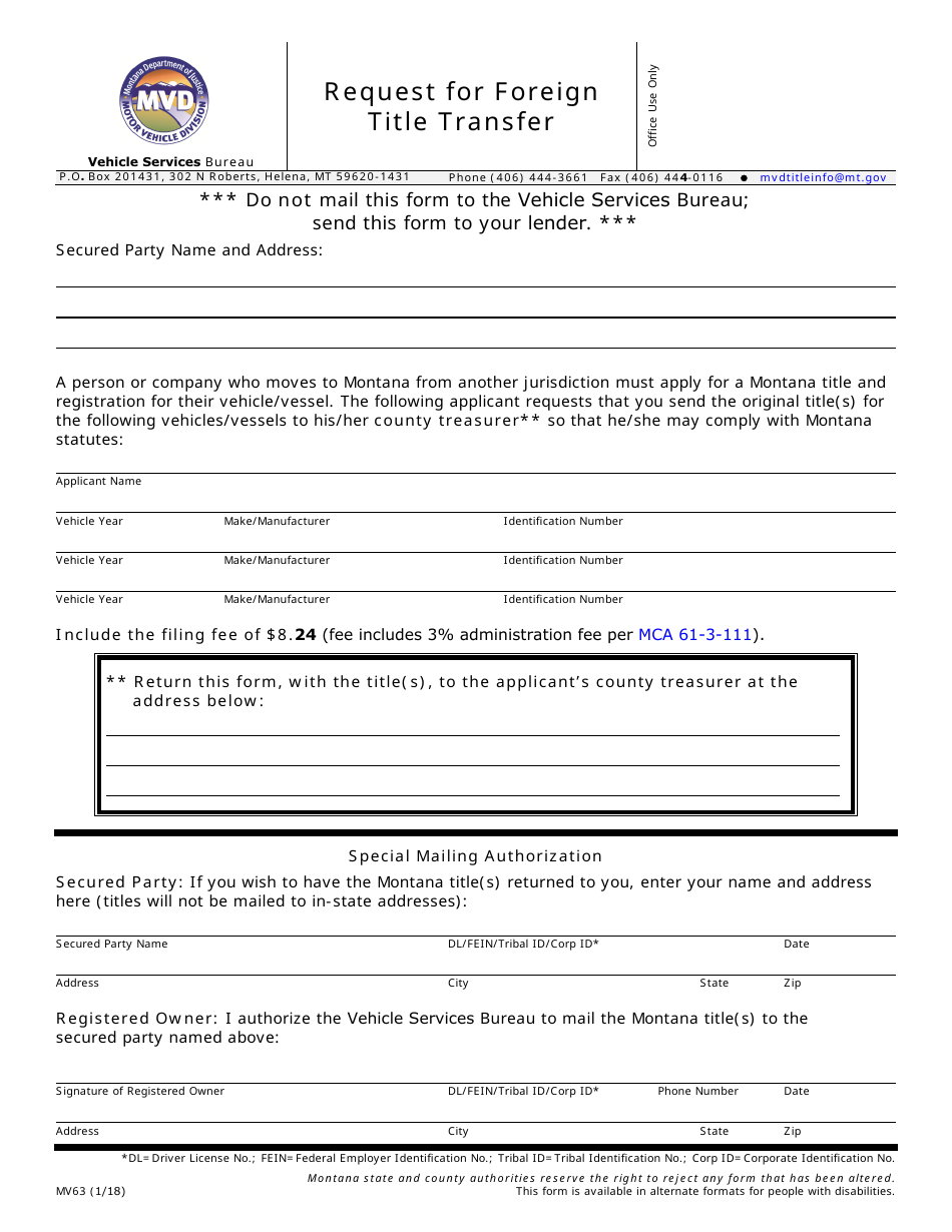 Form MV63 - Fill Out, Sign Online and Download Fillable PDF, Montana ...