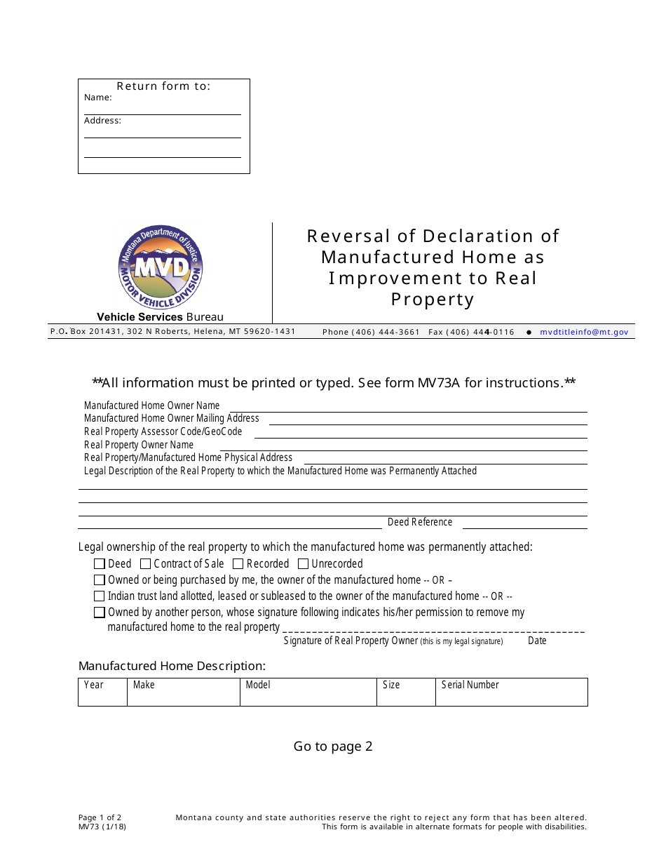 Form MV73 - Fill Out, Sign Online and Download Fillable PDF, Montana ...