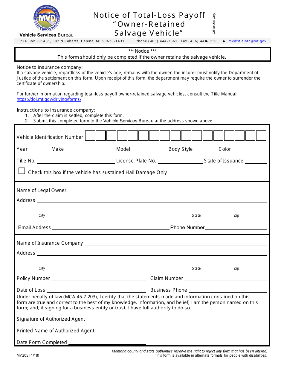 Form MV205 - Fill Out, Sign Online and Download Fillable PDF, Montana ...