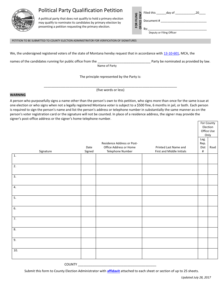 Montana Political Party Qualification Petition Form - Fill Out, Sign ...