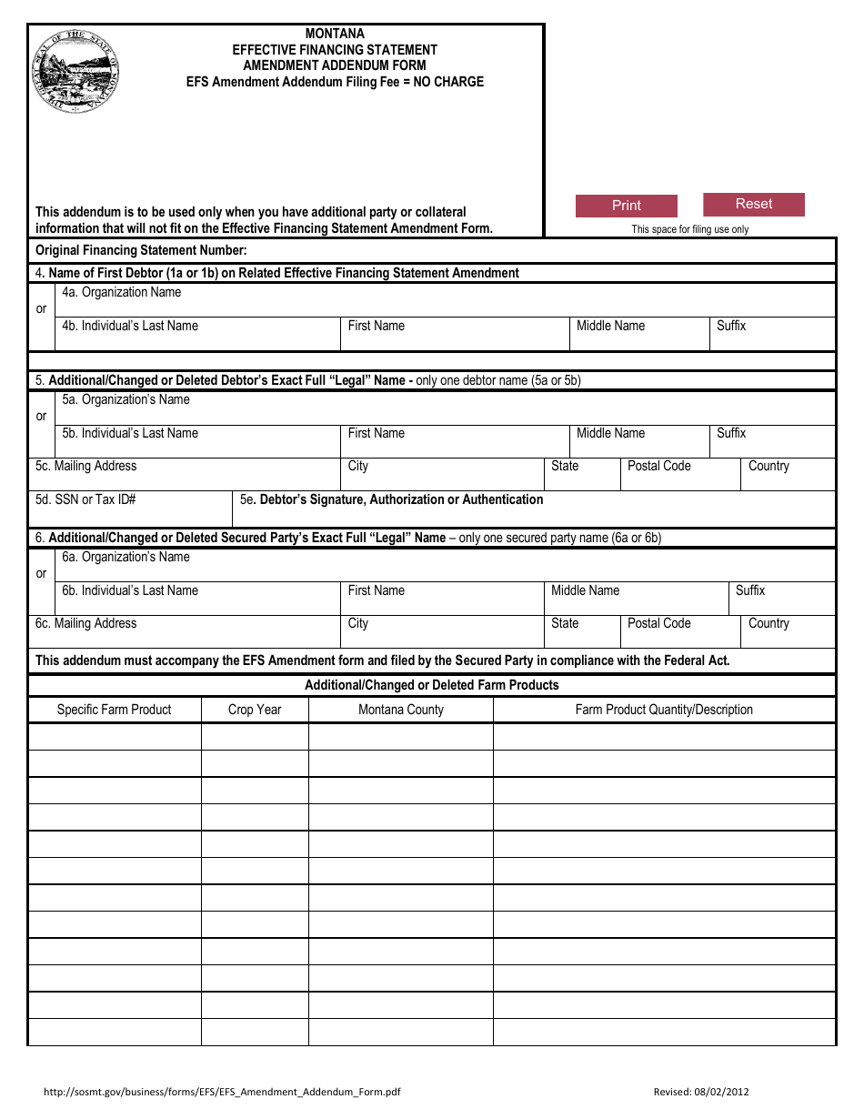 Montana Effective Financing Statement Amendment Addendum Form - Fill ...