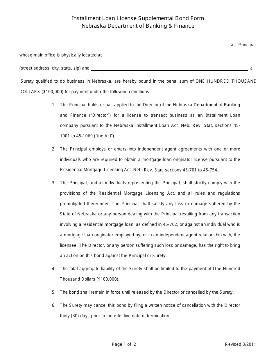 Nebraska Installment Loan License Supplemental Bond Form - Fill Out ...
