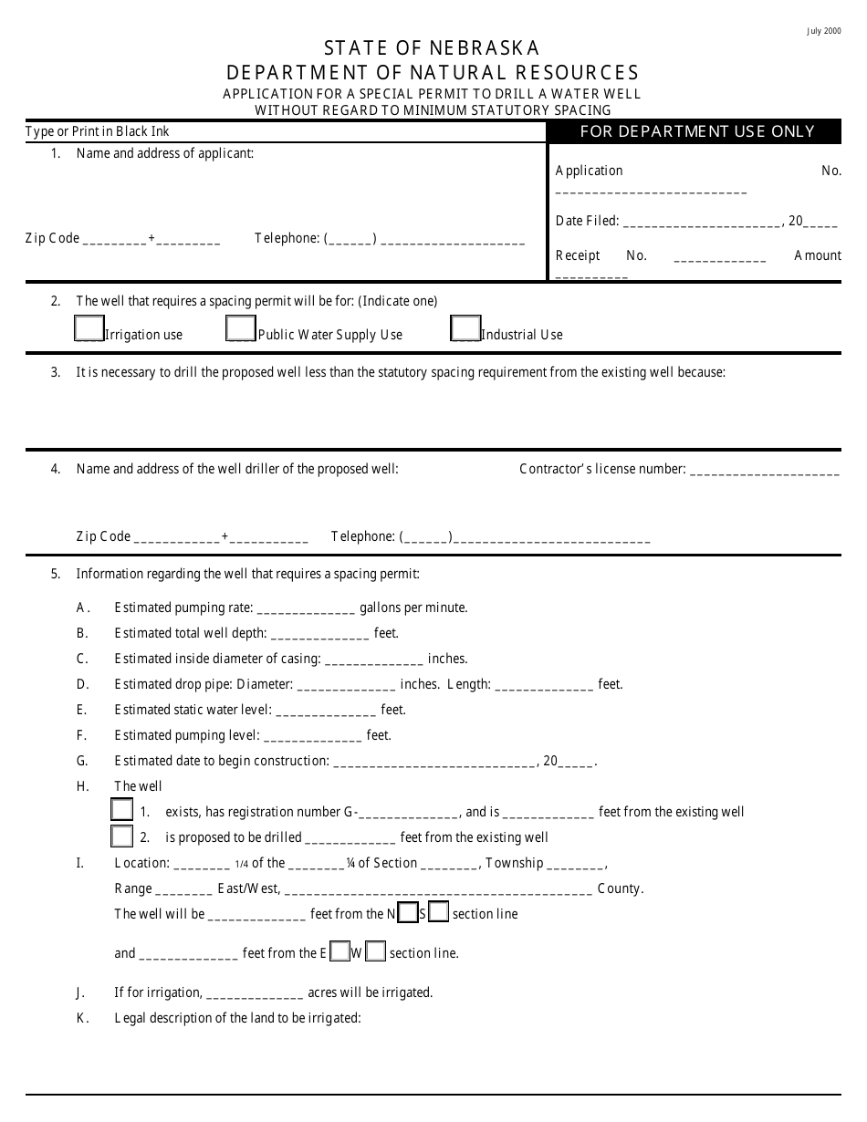 Nebraska Application for a Special Permit to Drill a Water Well Without ...