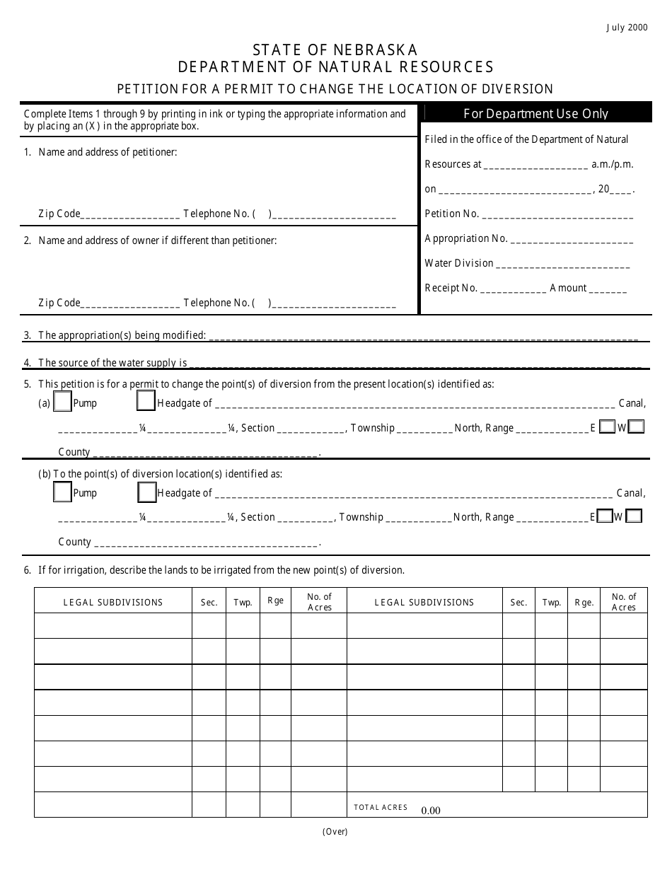 Nebraska Petition for a Permit to Change the Location of Diversion Form ...