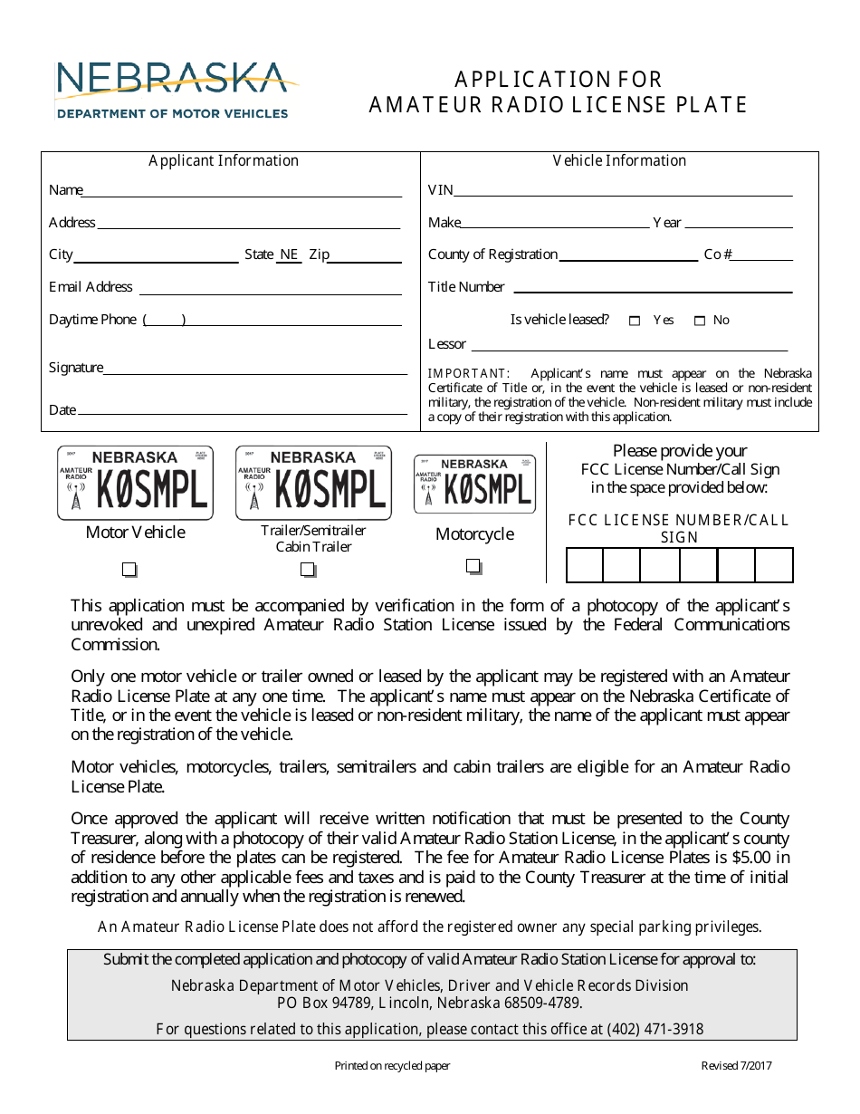 Nebraska Application for Amateur Radio License Plate - Fill Out, Sign ...