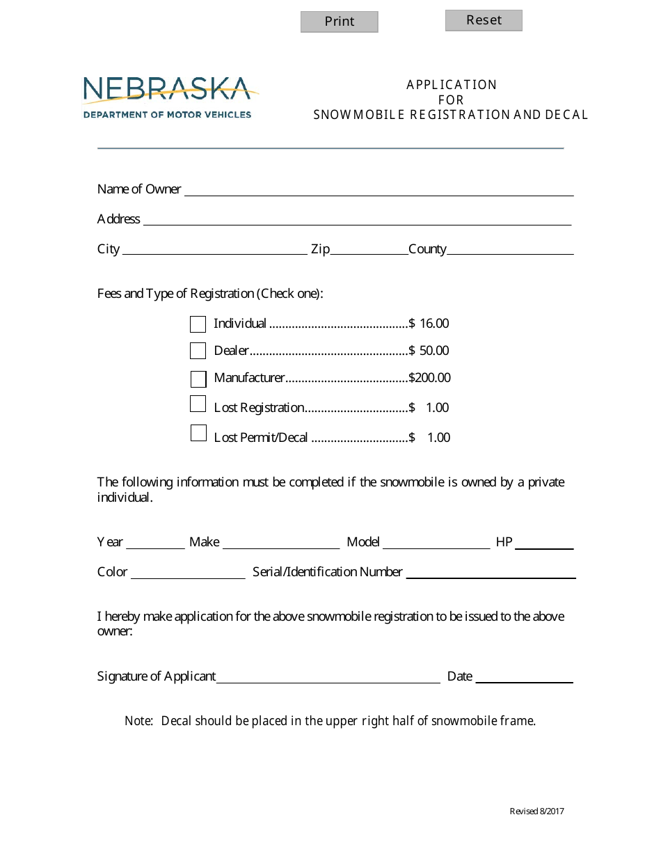 Nebraska Application for Snowmobile Registration and Decal - Fill Out ...
