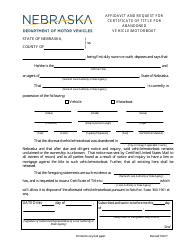 Nebraska Affidavit and Request for Certificate of Title for Abandoned ...