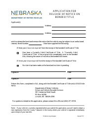 Nebraska Application for Release of Notice on Bonded Title Download ...