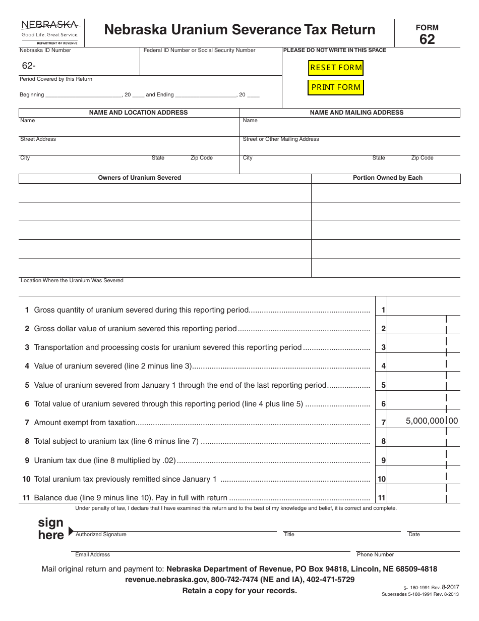 Form 62 - Fill Out, Sign Online and Download Fillable PDF, Nebraska ...