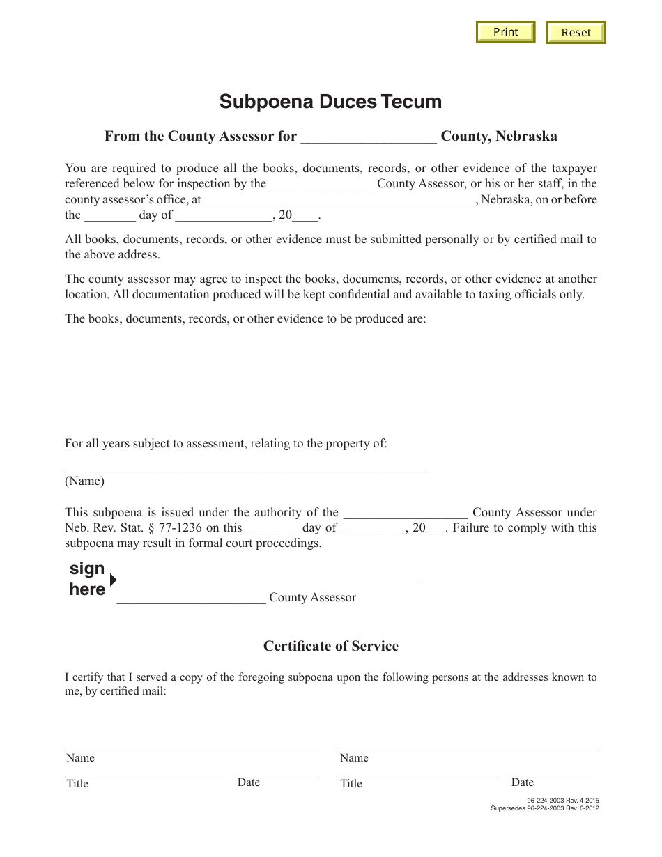 Nebraska Subpoena Duces Tecum - Fill Out, Sign Online and Download PDF ...