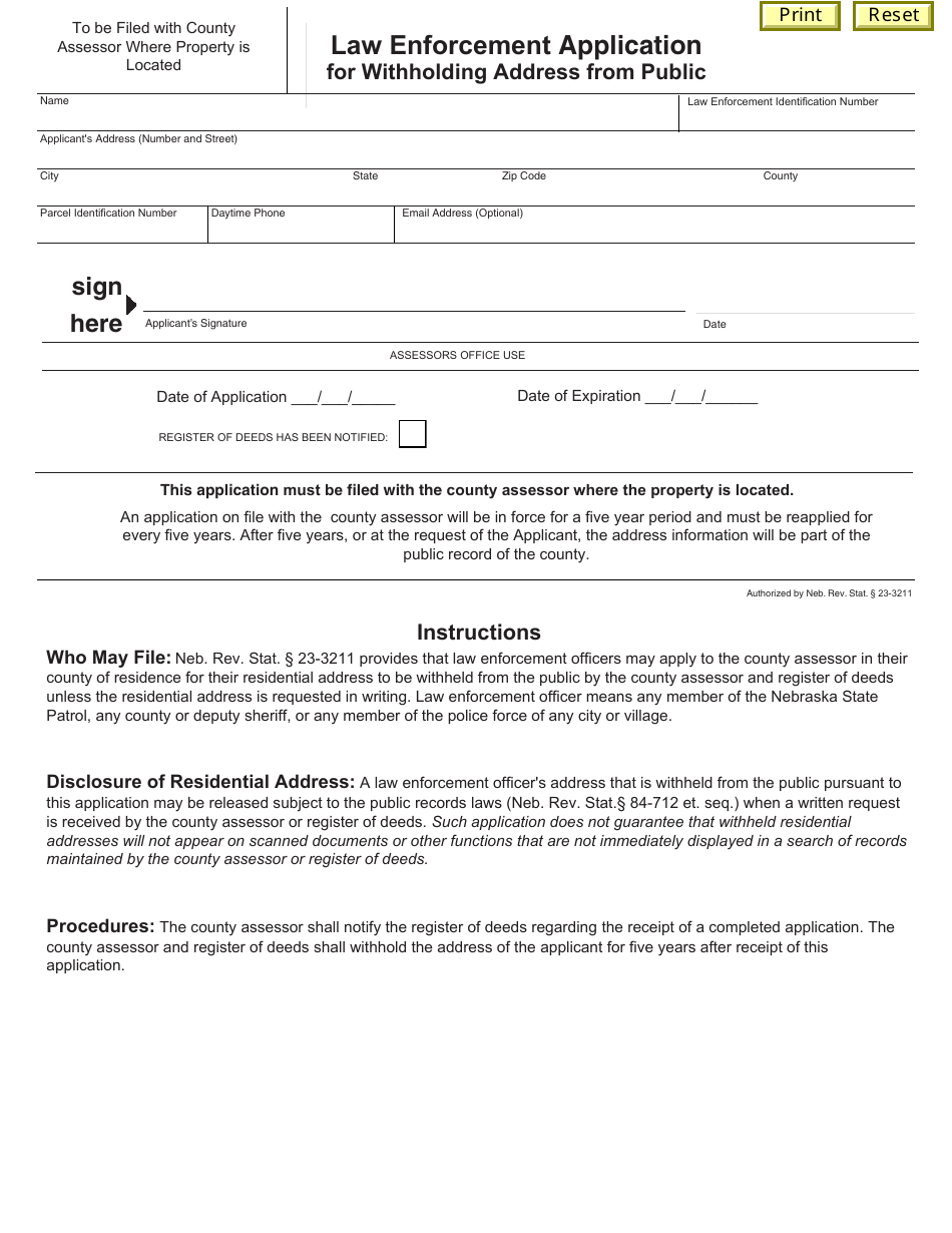 Nebraska Law Enforcement Application for Withholding Address From ...