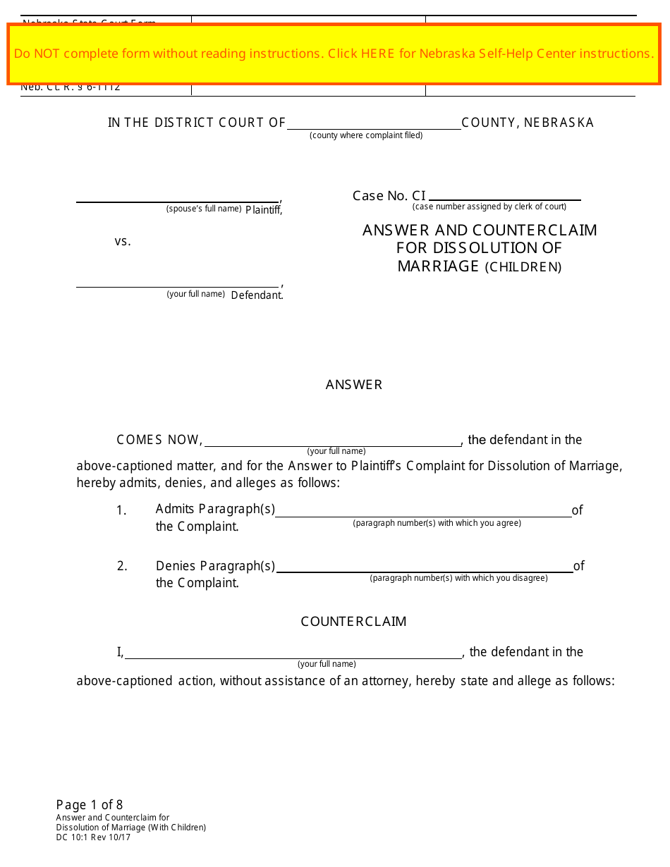 Form DC10:1 - Fill Out, Sign Online and Download Fillable PDF, Nebraska ...