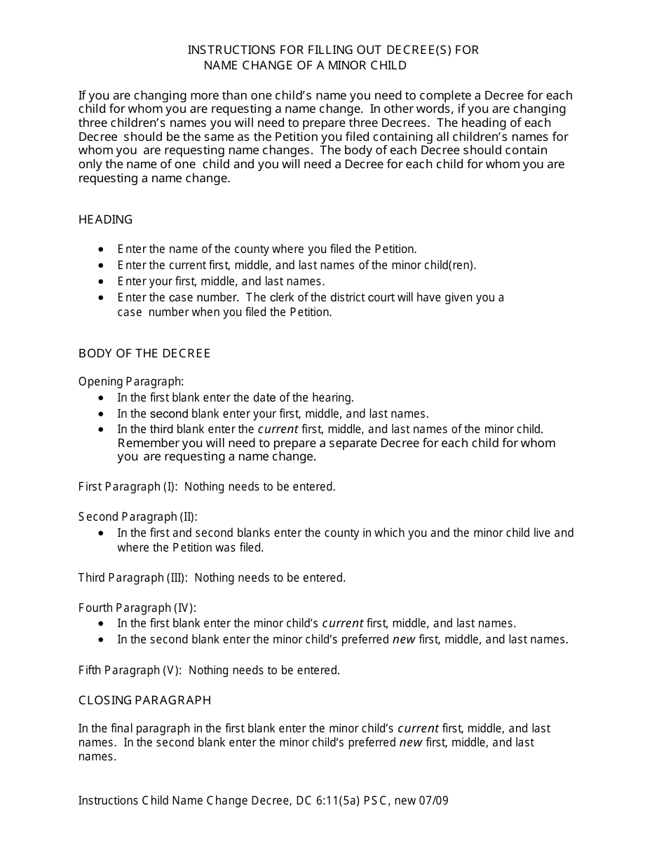 Download Instructions for Form DC6:11(5) Decree for Name Change of a ...