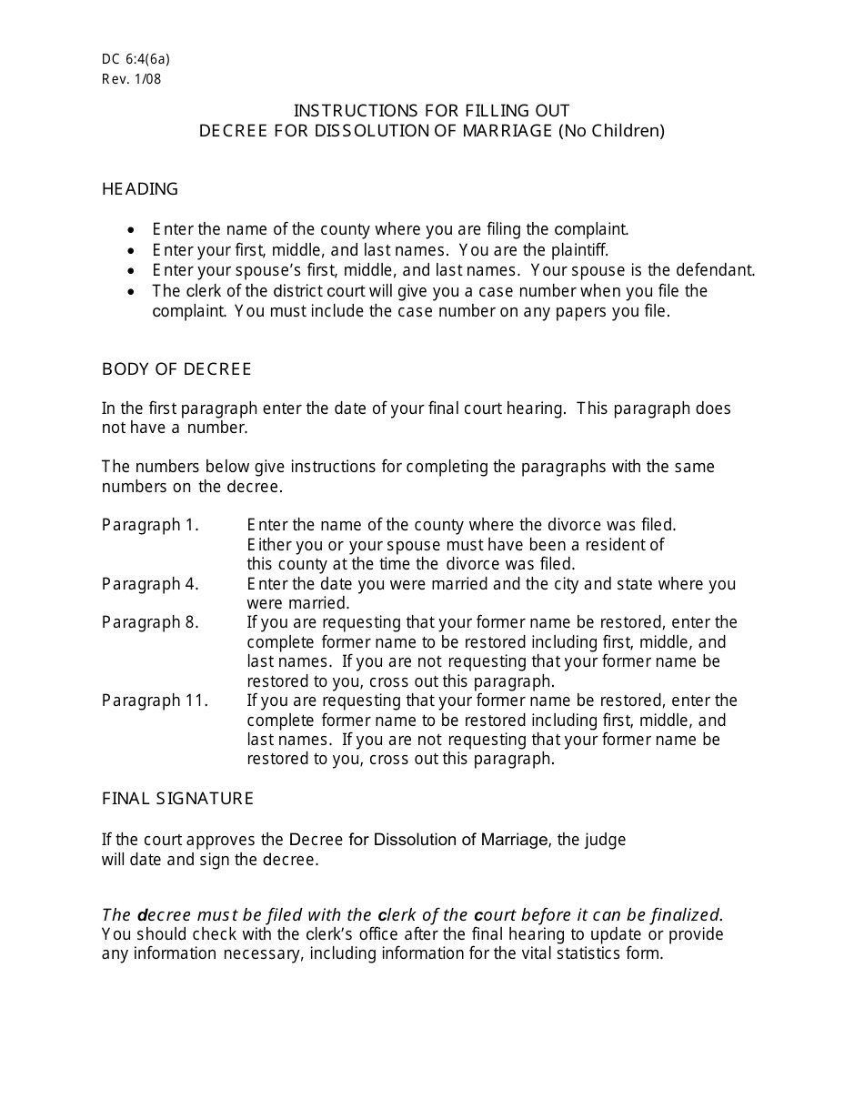 Download Instructions for Form DC6:4(6) Decree for Dissolution of ...