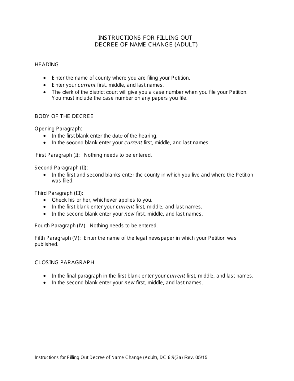 Download Instructions for Form DC6:9(3) Decree of Name Change (Adult ...