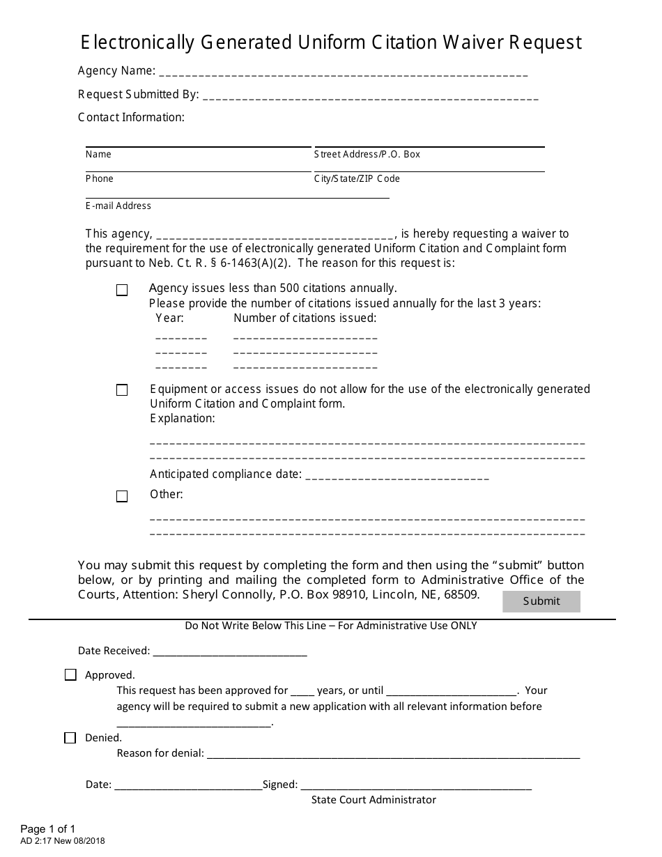Form AD2:17 - Fill Out, Sign Online and Download Fillable PDF, Nebraska ...