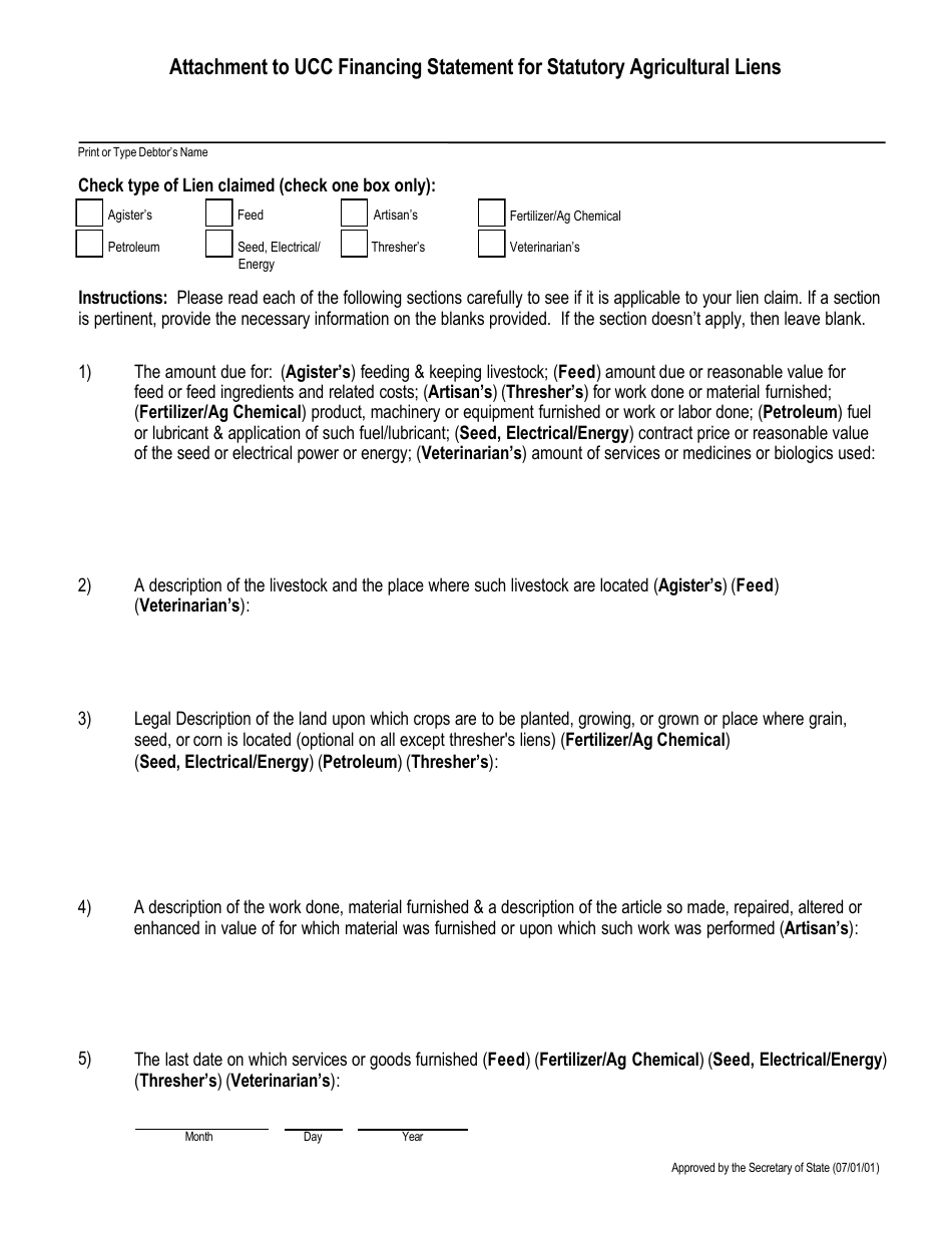 Attachment to Ucc Financing Statement for Statutory Agricultural Liens ...