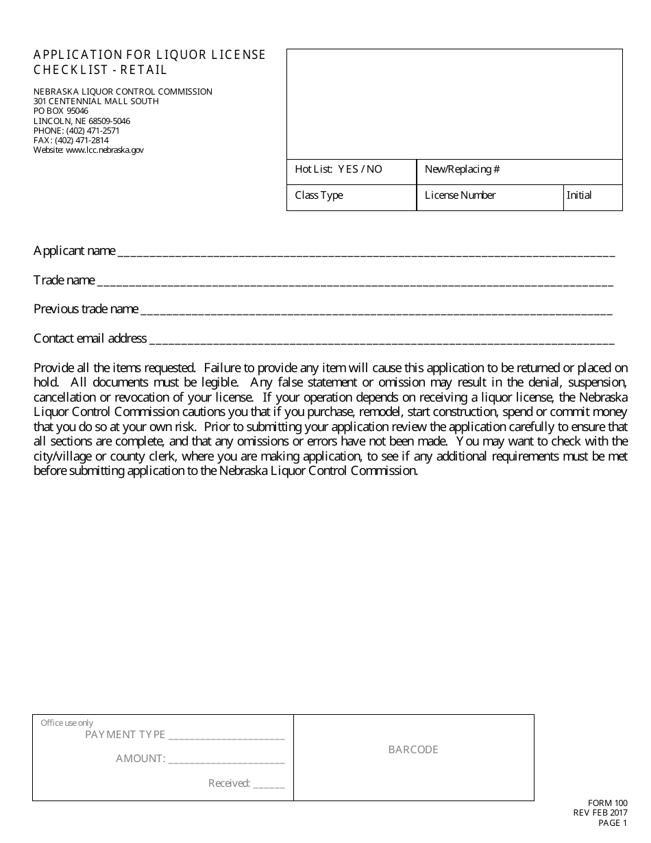 Form 100 - Fill Out, Sign Online and Download Fillable PDF, Nebraska ...