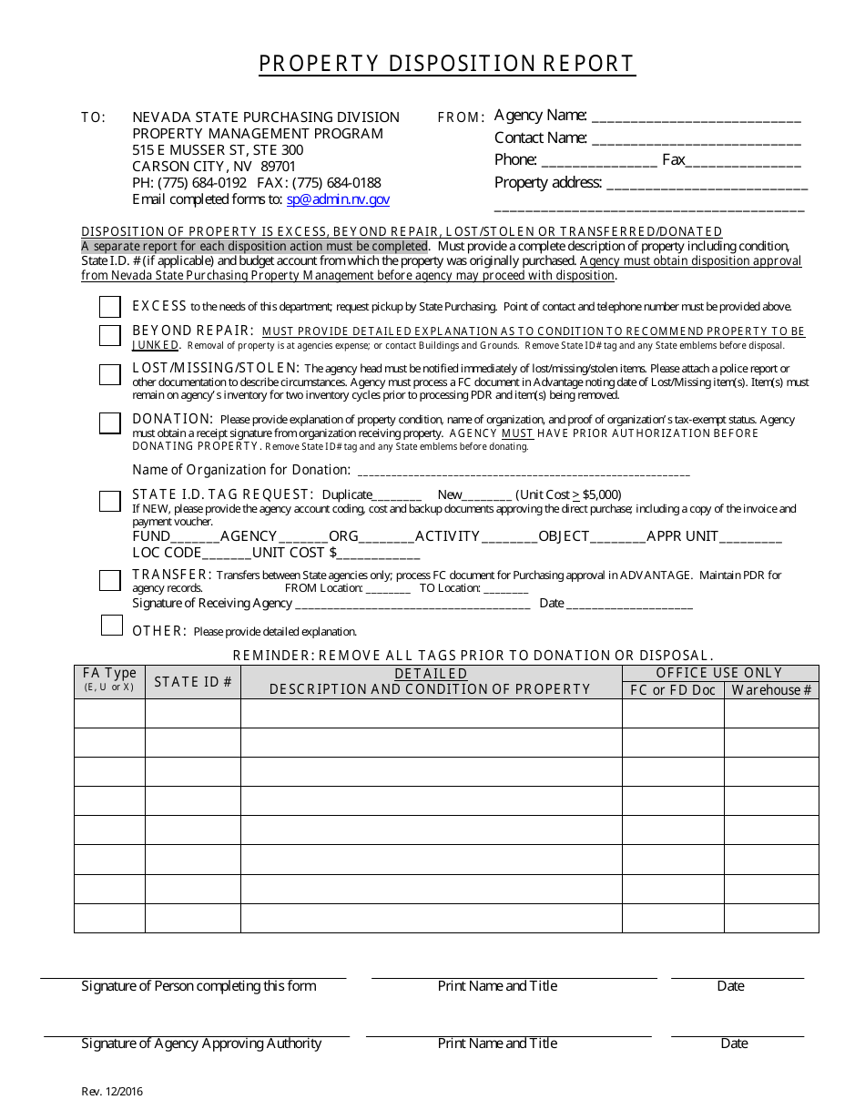 Nevada Property Disposition Report - Fill Out, Sign Online and Download ...