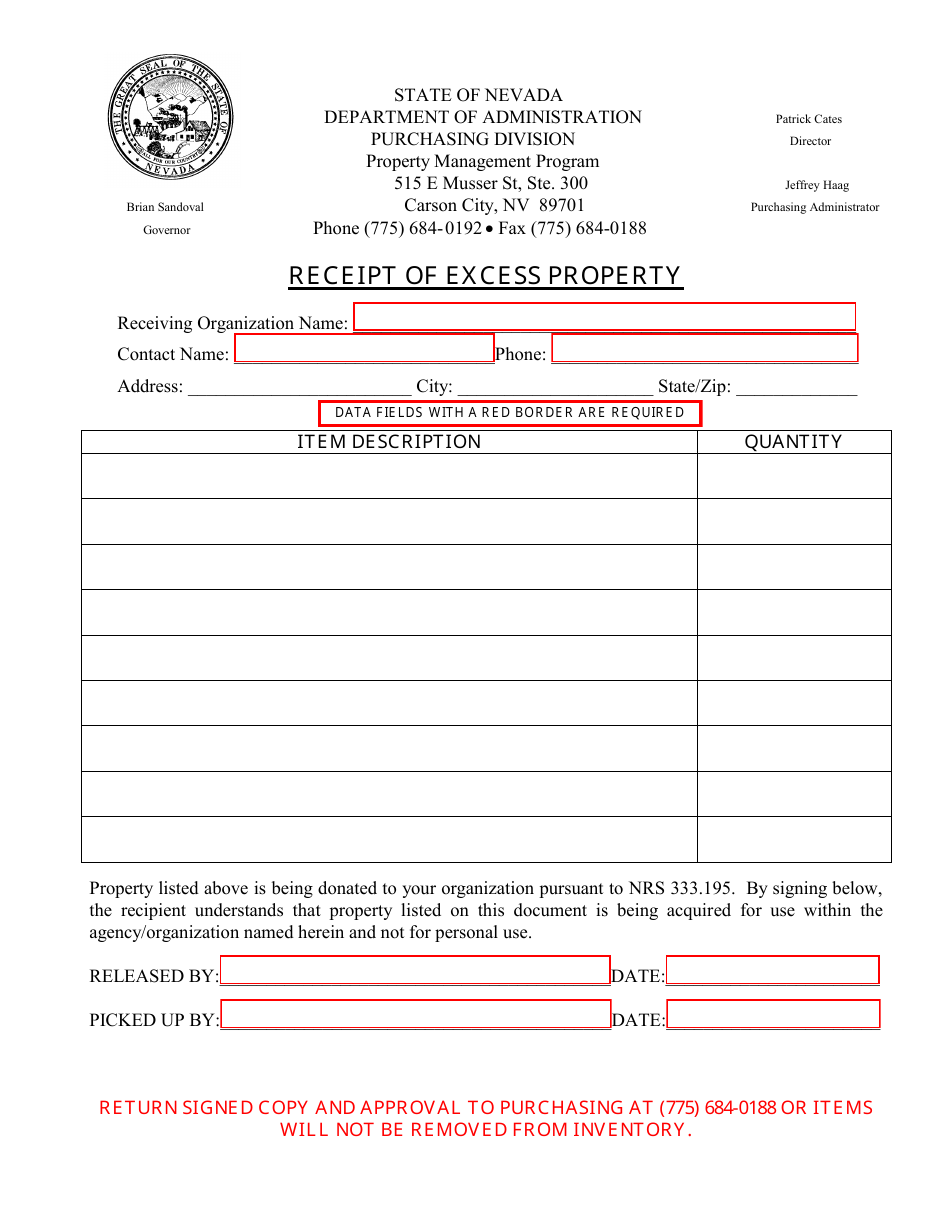 Nevada Receipt of Excess Property - Fill Out, Sign Online and Download ...