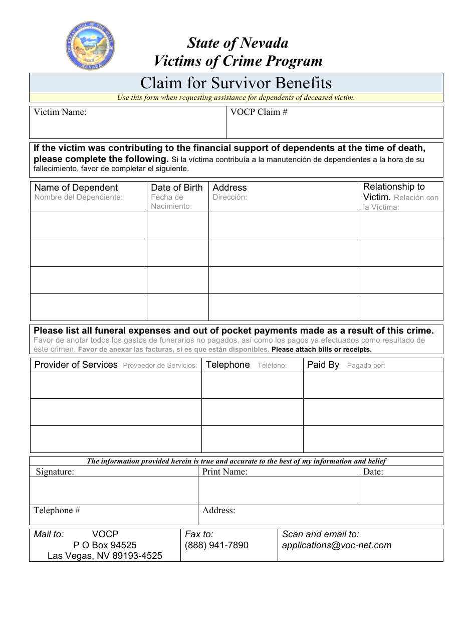 Nevada Claim for Survivor Benefits - Victims of Crime Program Download ...