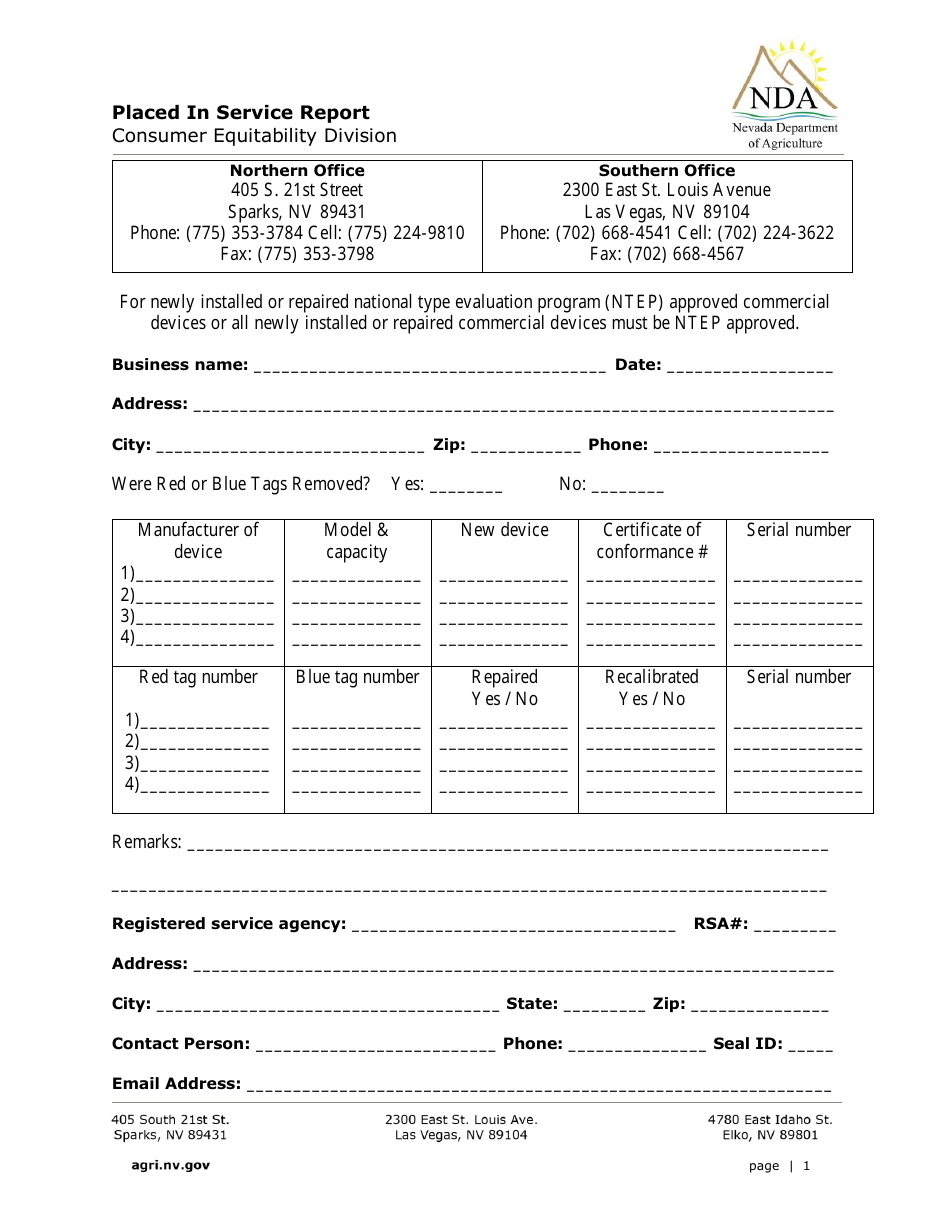Nevada Placed in Service Report Form - Fill Out, Sign Online and ...