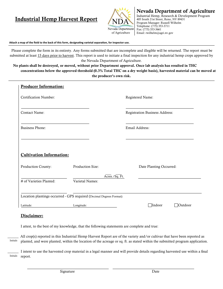 Nevada Industrial Hemp Harvest Report Form - Fill Out, Sign Online and ...