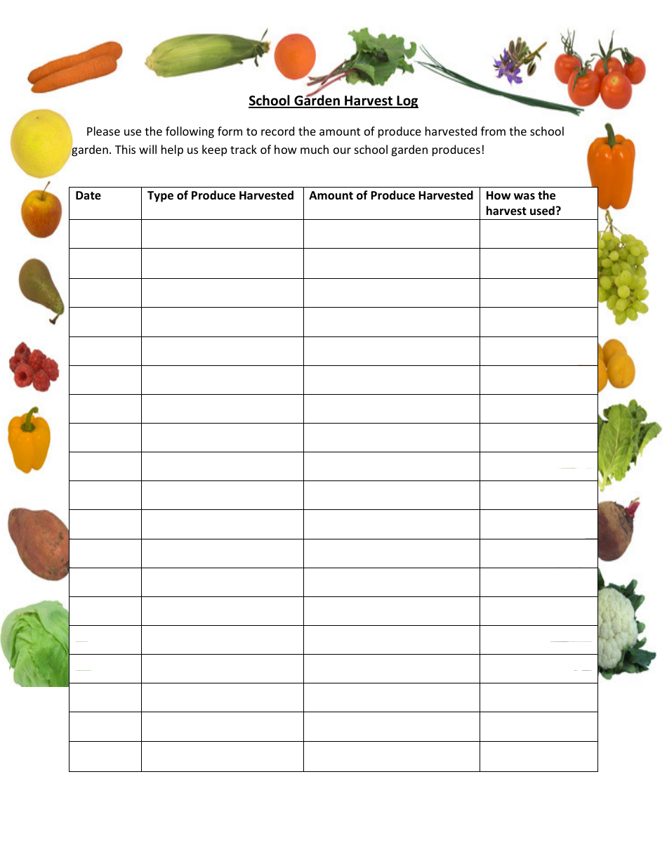 School Garden Harvest Log Template Download Printable PDF | Templateroller
