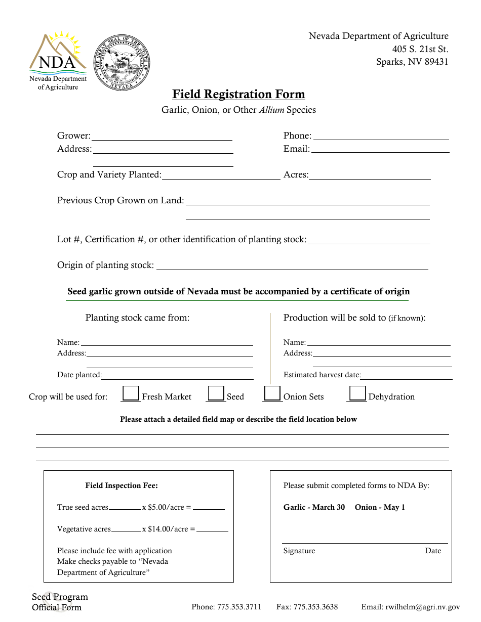 Nevada Field Registration Form - Garlic, Onion, or Other Allium Species ...