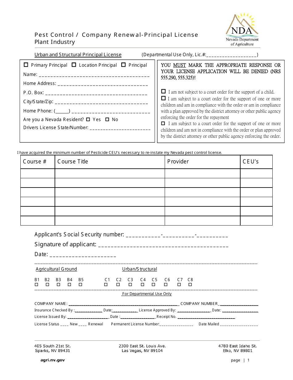 Nevada Urban and Structural Principal License Application for Renewal ...