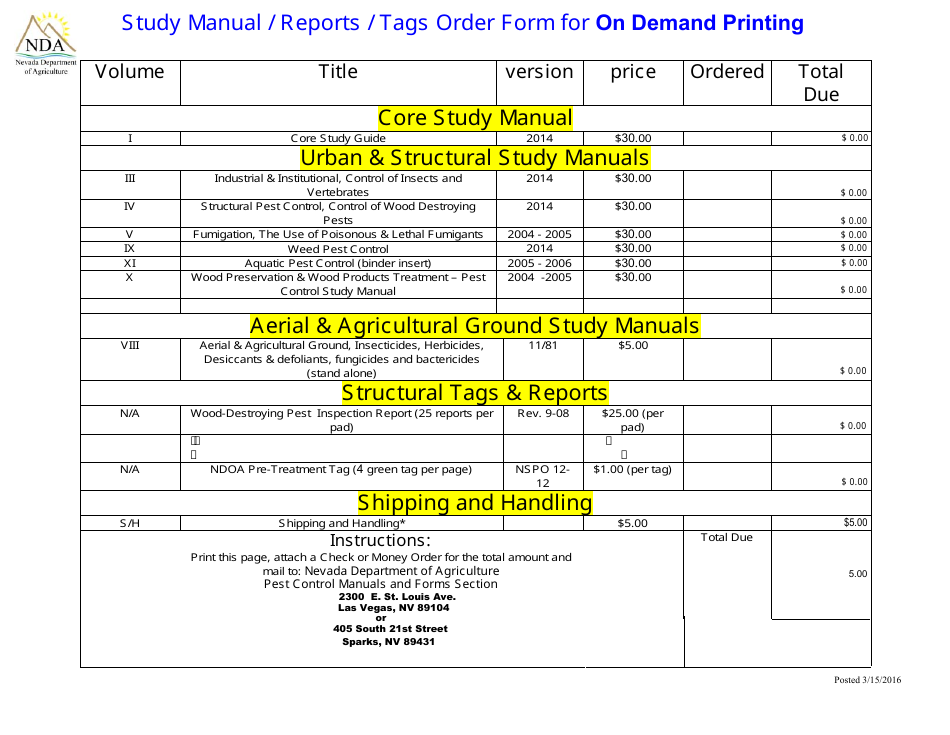 Nevada Study Manual / Reports / Tags Order Form for on Demand Printing ...