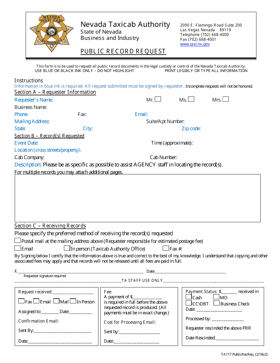Form TA117 - Fill Out, Sign Online and Download Fillable PDF, Nevada | Templateroller