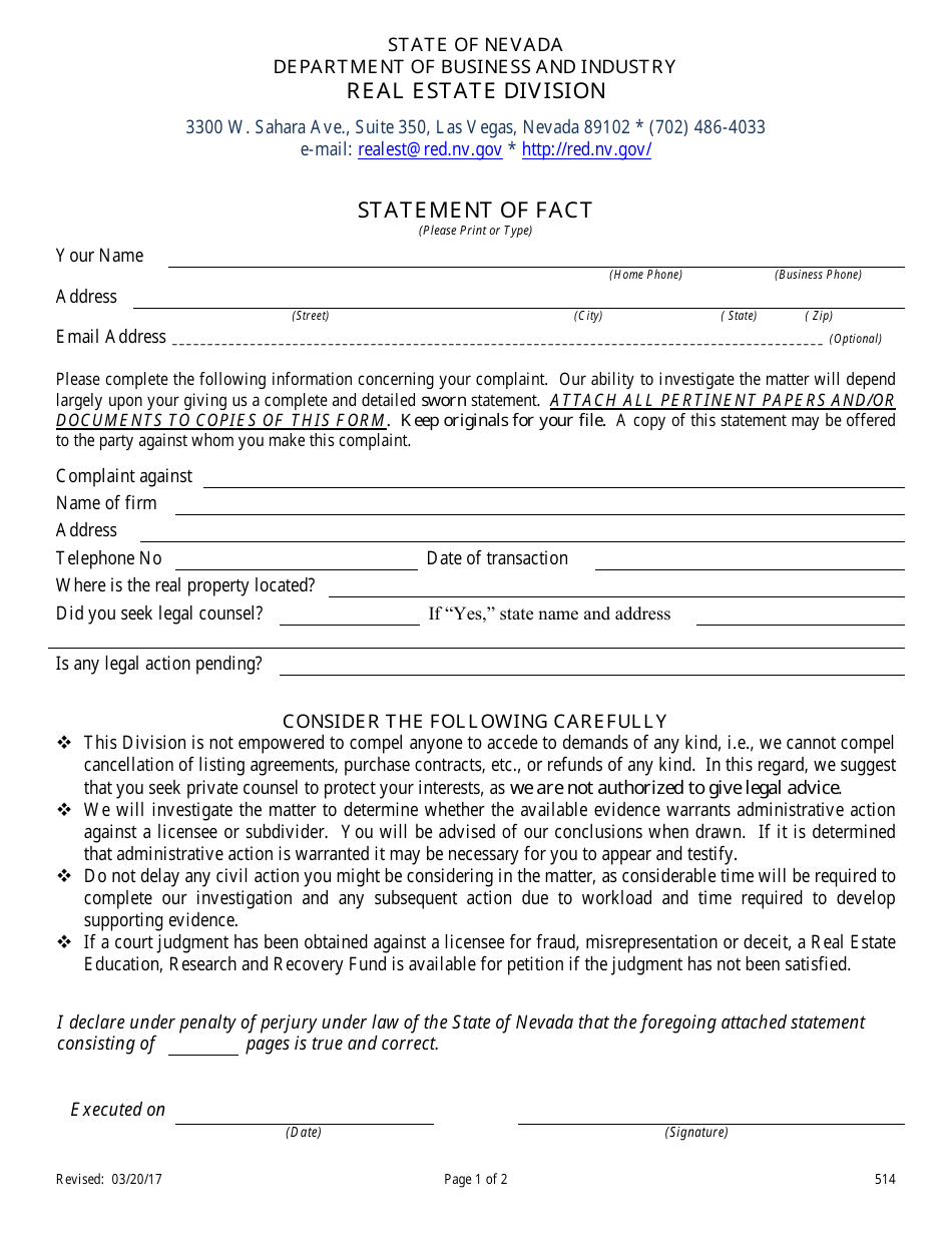 Form 514 - Fill Out, Sign Online and Download Fillable PDF, Nevada ...