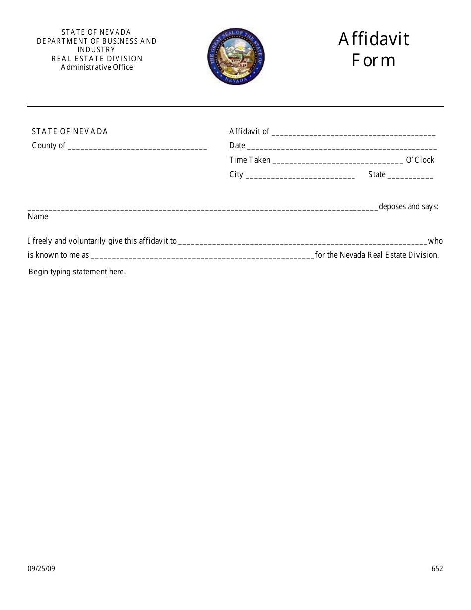 Form 652 - Fill Out, Sign Online and Download Fillable PDF, Nevada ...