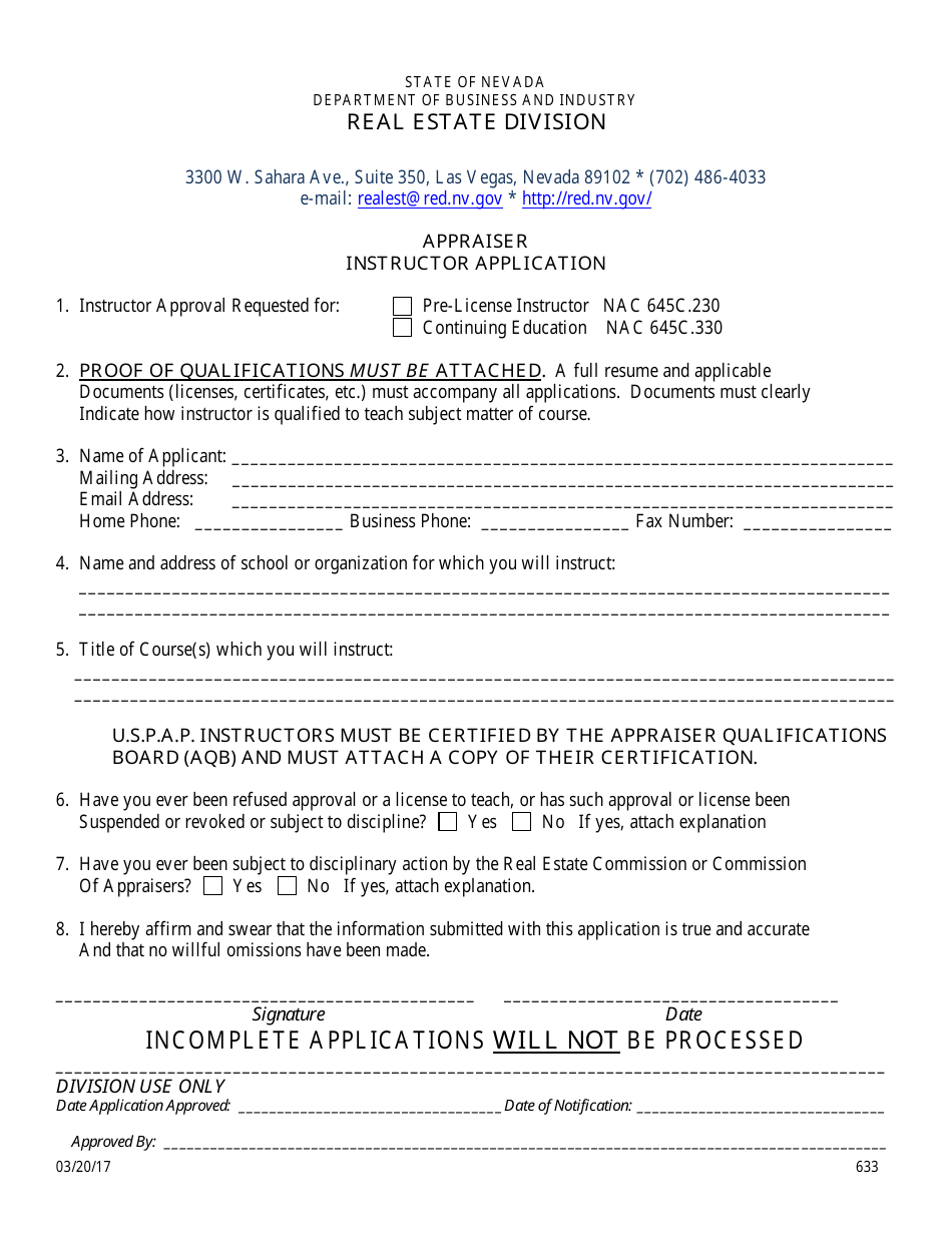 Form 633 - Fill Out, Sign Online and Download Fillable PDF, Nevada ...