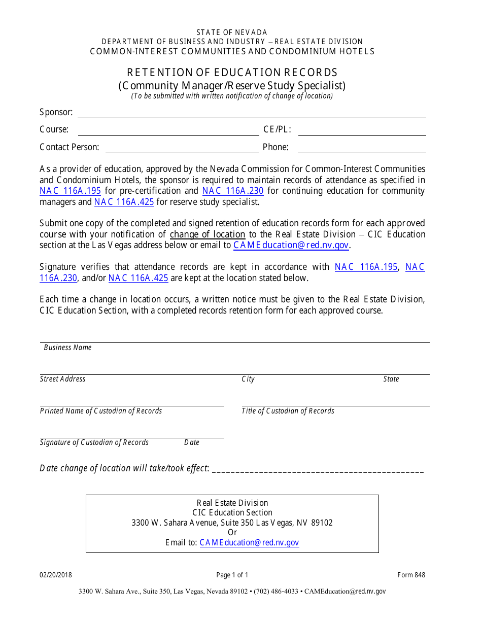 Form 848 - Fill Out, Sign Online and Download Fillable PDF, Nevada ...