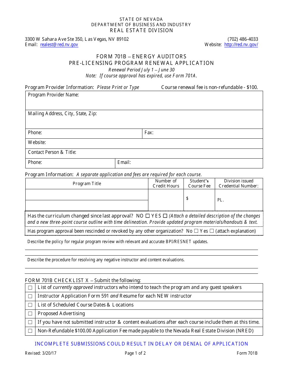 Form 701B - Fill Out, Sign Online and Download Fillable PDF, Nevada ...
