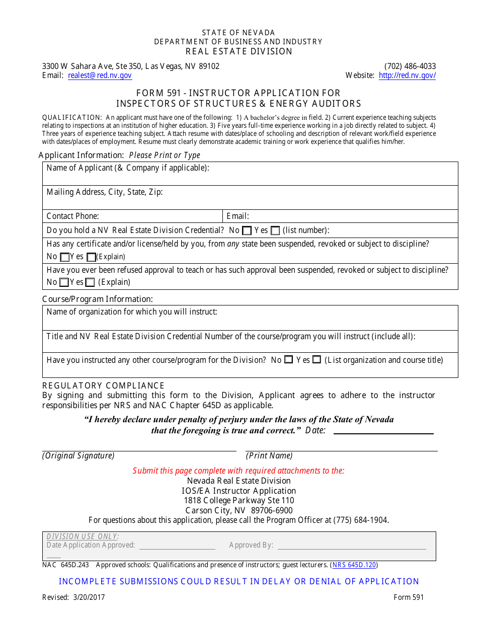 Form 591 - Fill Out, Sign Online and Download Fillable PDF, Nevada ...