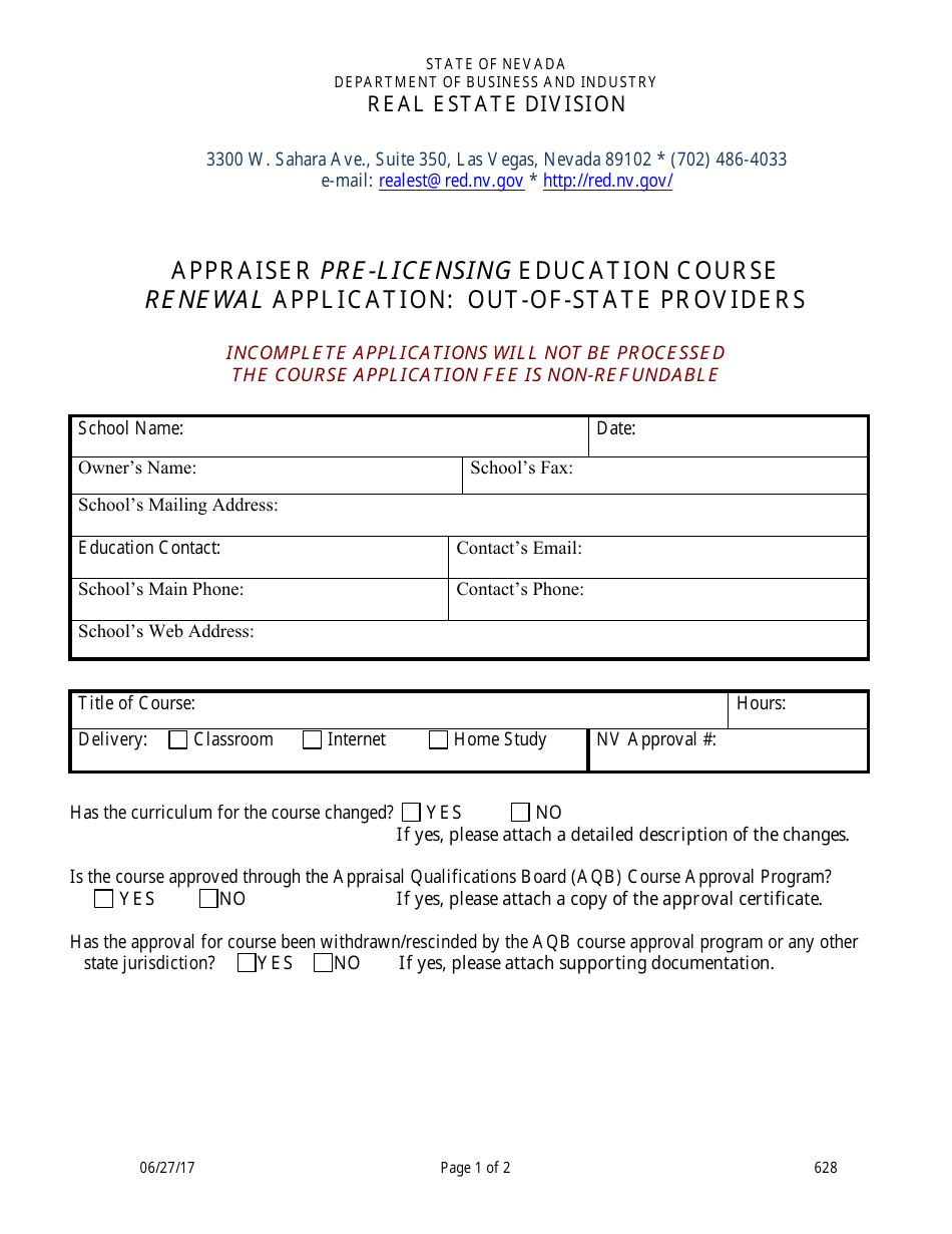 Form 628 - Fill Out, Sign Online and Download Fillable PDF, Nevada ...