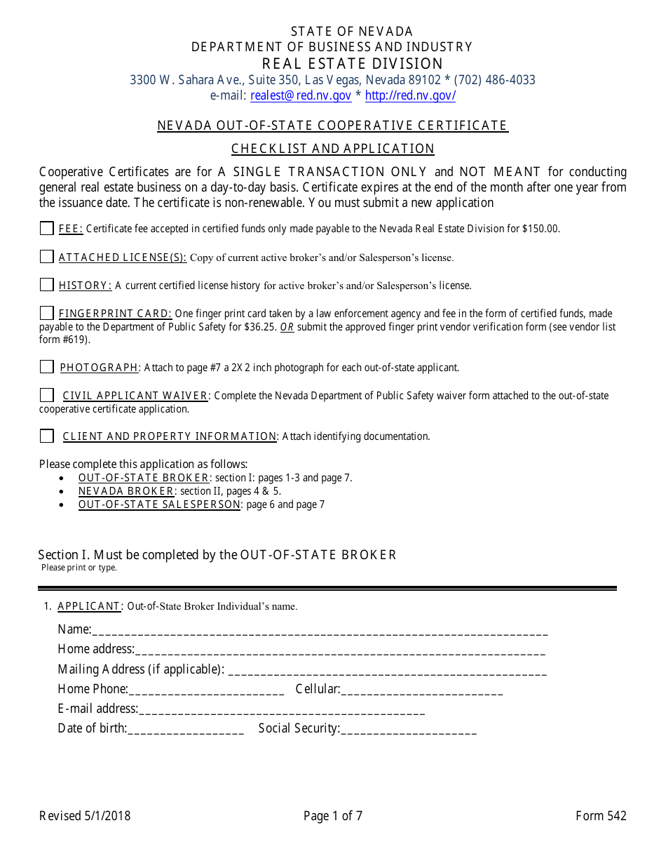 Form 542 - Fill Out, Sign Online and Download Fillable PDF, Nevada ...