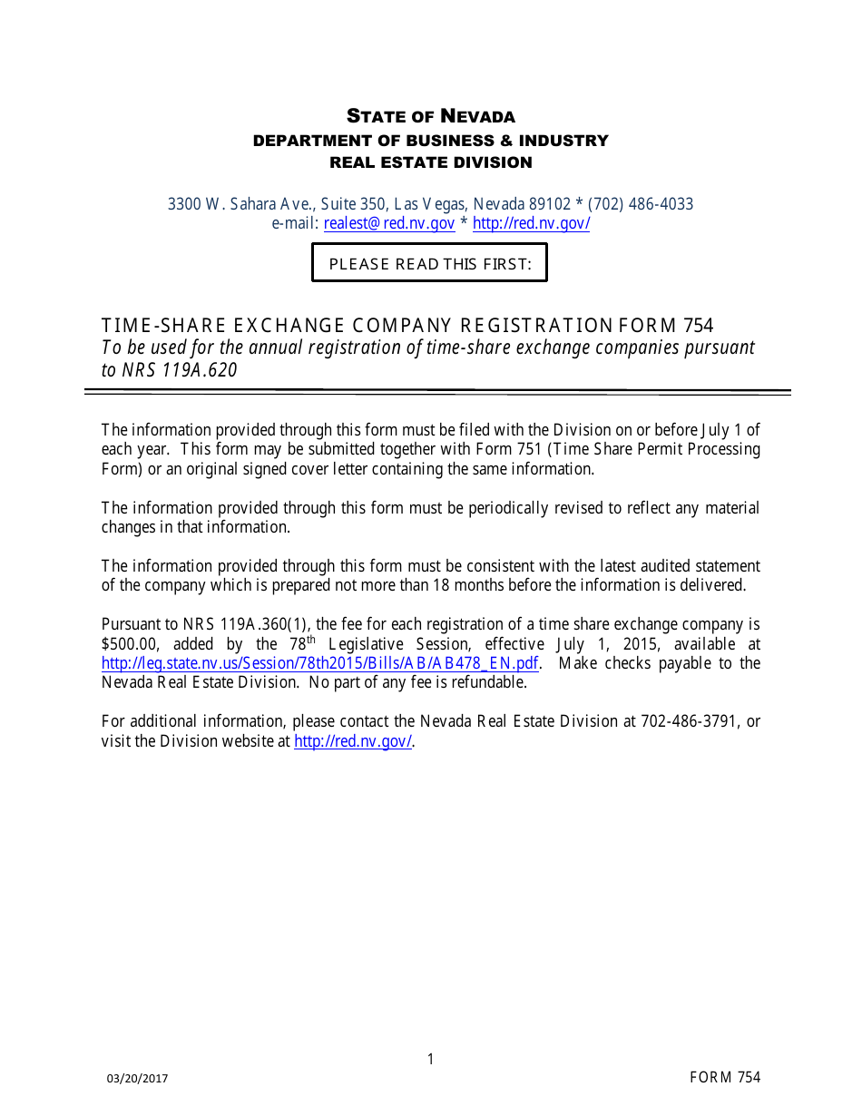 Form 754 - Fill Out, Sign Online and Download Fillable PDF, Nevada ...