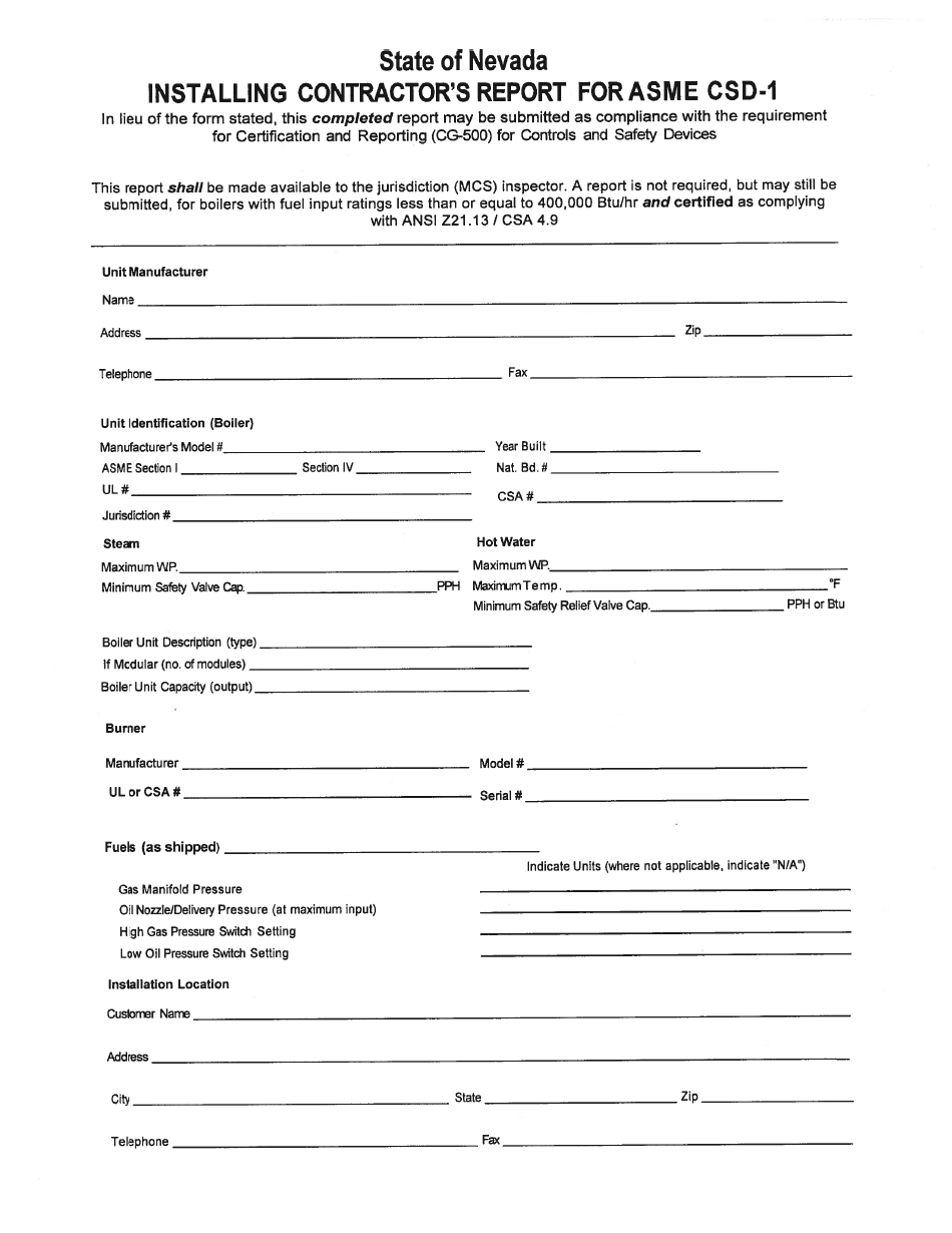 Nevada Installing Contractor's Report for Asme Csd-1 - Fill Out, Sign ...