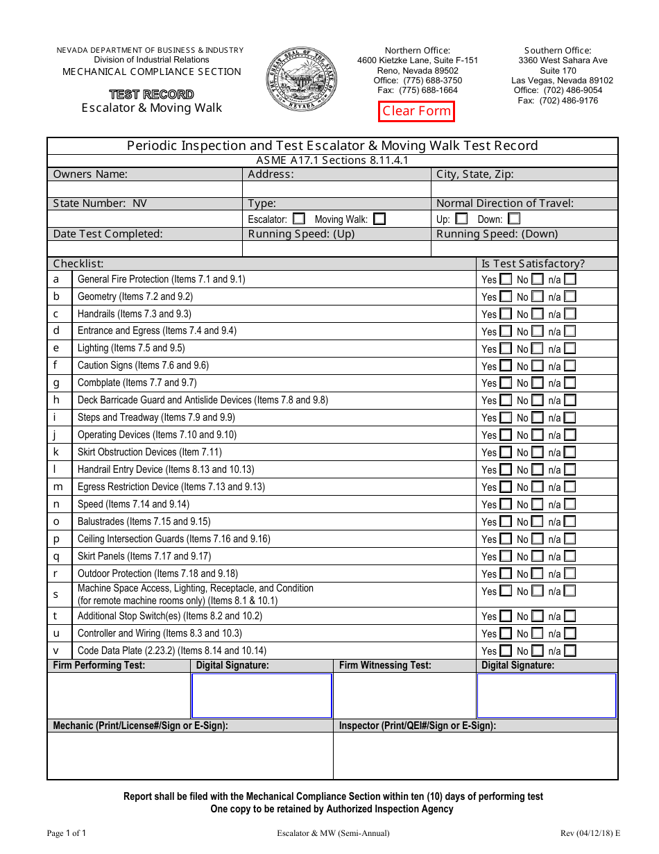 Nevada Periodic Inspection and Test Escalator & Moving Walk Test Record ...