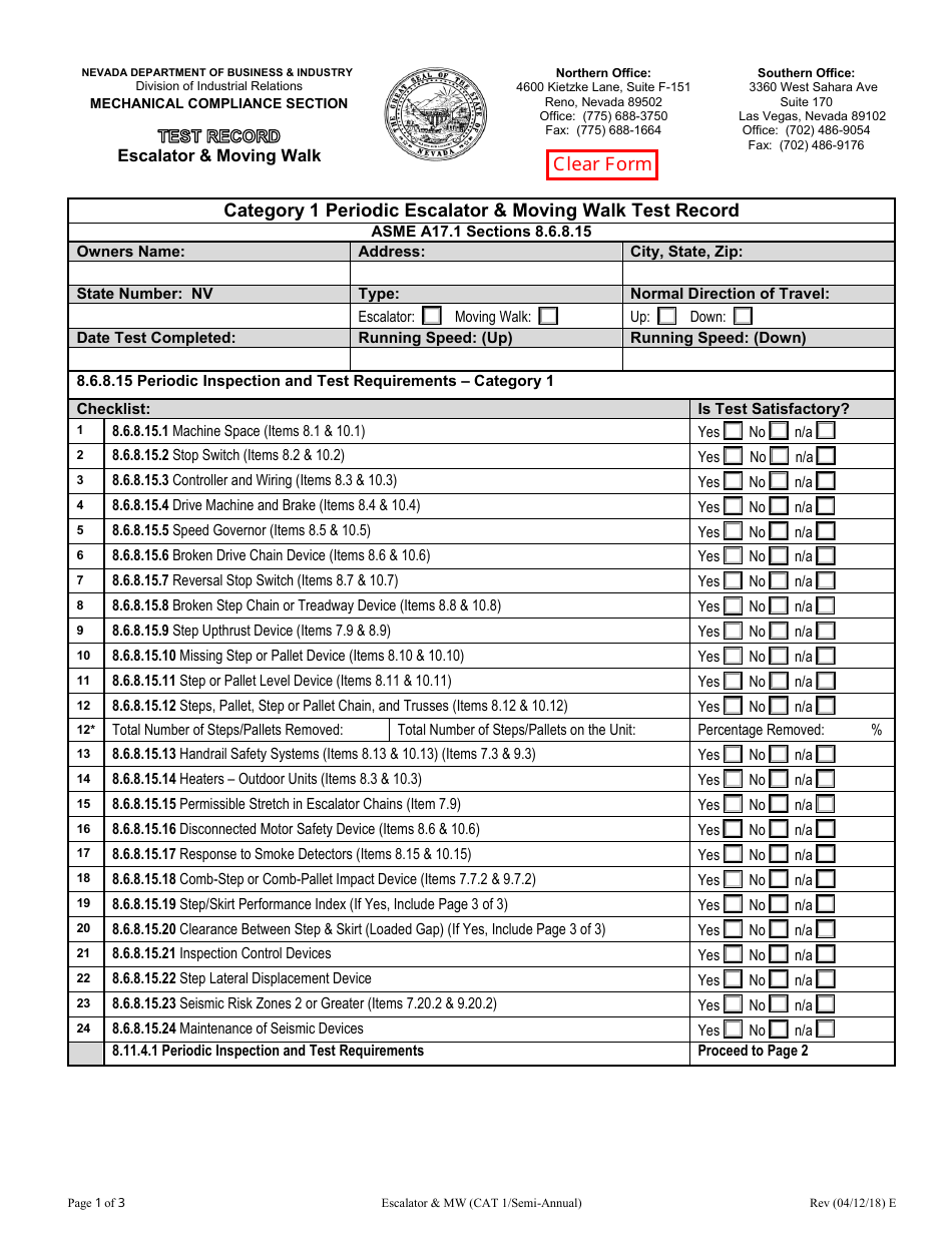 Nevada Category 1 Periodic Escalator & Moving Walk Test Record Form ...
