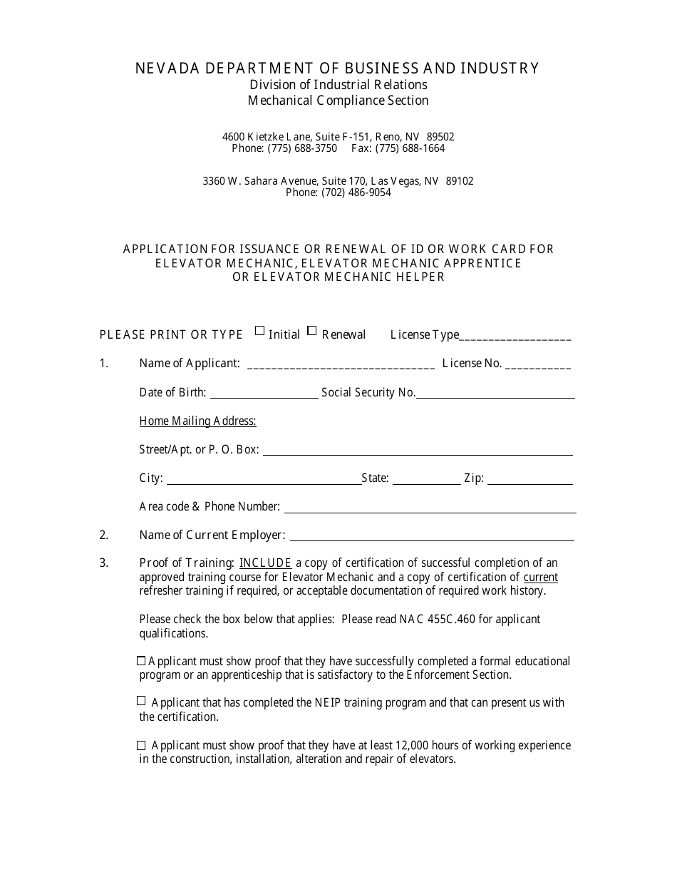 Nevada Application for Issuance or Renewal of Id or Work Card for ...